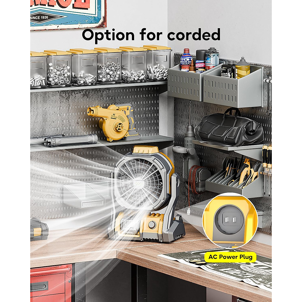 DeForce Battery Operated Fan, for DeWalt 20V Max Battery, Camping Fan Cordless, Option for Corded, with LED Lights, Variable Speed, Hook for Hanging, for Jobsite(Battery Not Included)