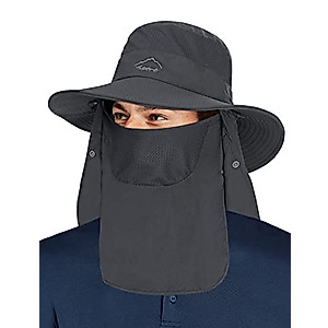 Men's Wide Brim Sun Fishing Hat Outdoor UPF 50+ Sun Protection with Removable Face and Neck Flap Dark Grey