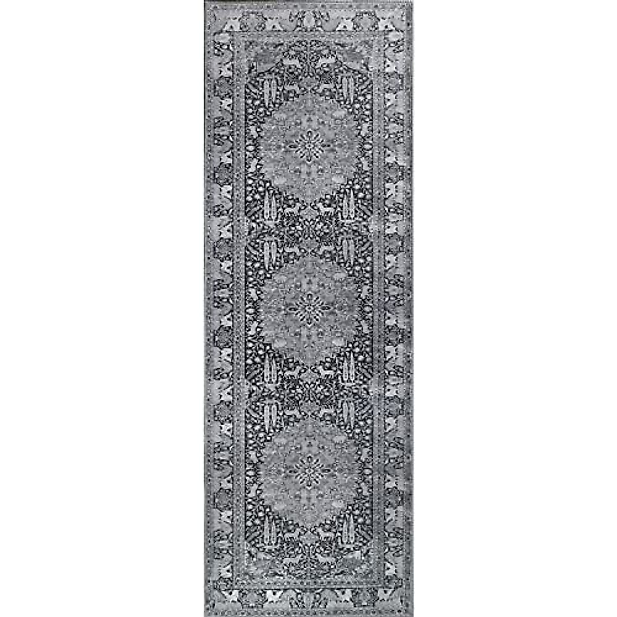 SUPERIOR Traditional Medallion and Nature Flat-Weave Indoor Runner Rug, 2' 6" x 7' 6", Charcoal