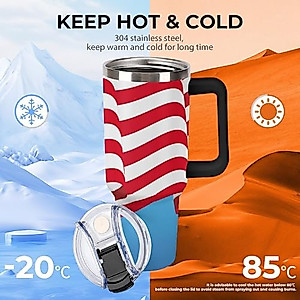 Water Bottle with Lid And Straw, Large Capacity Red Blue White American Flag 40 oz Travel Stainless Steel Cups, Handle Insulated Tumblers for Men, Women