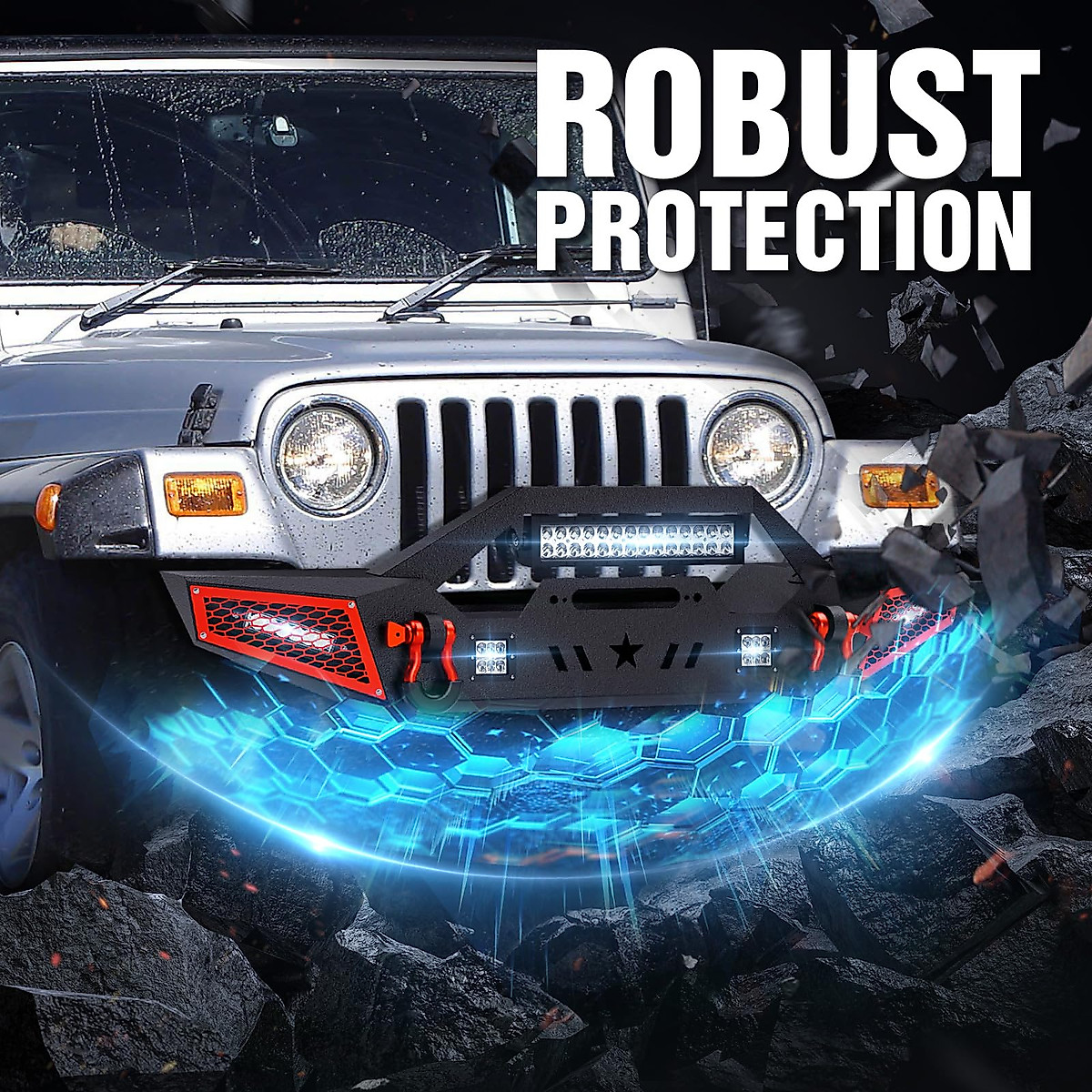 YZONA Off-road Front Bumper Compatible with 1987-2006 Jeep Wrangler TJ YJ LJ Rock Crawler Bumper w/Paintable Armor, Winch Plate, 1 x 312W LED Light, 4 x 18W LED Lights & D-rings, 2/4 Doors (Black)