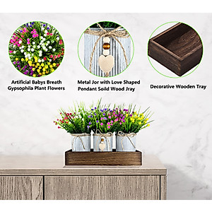 CALAVAK Decorative Centerpiece Wooden Tray with 3 Metal Potted Artificial Babys Breath Gypsophila Plant Flowers Rustic Country Farmhouse Décor for Dining Room, Living Room and Kitchen Table
