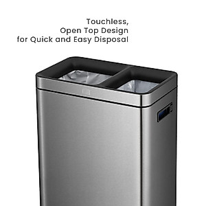 Home Zone Living 13 Gallon Kitchen Trash Can, Dual Removable Liners for Recycling and Trash, Wide Stainless Steel Shape, Open Top, No Lid Design (8 + 5 for 13 Gallon Total)