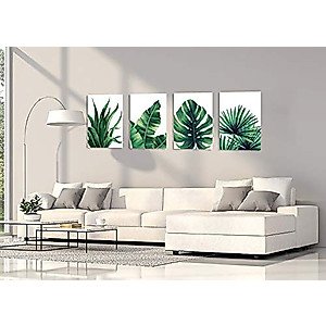 Botanical Prints Wall Art for Bathrooms Canvas Green Leaf Framed Green Plant Wall Art Pictures (12" x 16") Posters Fall Pictures Boho Sage Green Leaf for Bathrooms, 4 Pieces Tropical Plants Pictures Minimalist Greenery Watercolor Painting, Palm Banana Mon