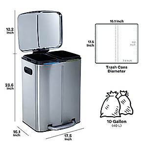 MGHH 40L Stainless Steel Rubbish Bin, Kitchen Trash Can with Lid Step Trash Bin Fingerprint-Proof Brushed Stainless Steel Trash Can for Office Bedroom Bathroom-Silver