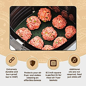 Reusable Silicone Air Fryer Liners by Linda’s Essentials (3 Pack) - Non Stick Easy Clean Air Fryer Liners Reusable Mats Air Fryer Accessories Includes Cheat Sheet And Recipe Book (Square (8.5 Inches))