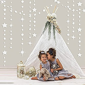 White Party Decorations Star Circle Dot Paper Garland Banner Bunting Streamer Glitter Hanging Twinkle Star Decoration for Kids Birthday Baby Bridal Shower Wedding Anniversary Engagement Decor