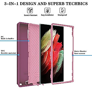 Qinmay for Samsung Galaxy S23 Ultra Case with Lens Camera Protector, Samsung S23 Ultra Case 3-Layer Heavy Duty Body Bumper and Dust Proof Cover for Samsung Galaxy S23 Ultra 5G (WineRed Pink)