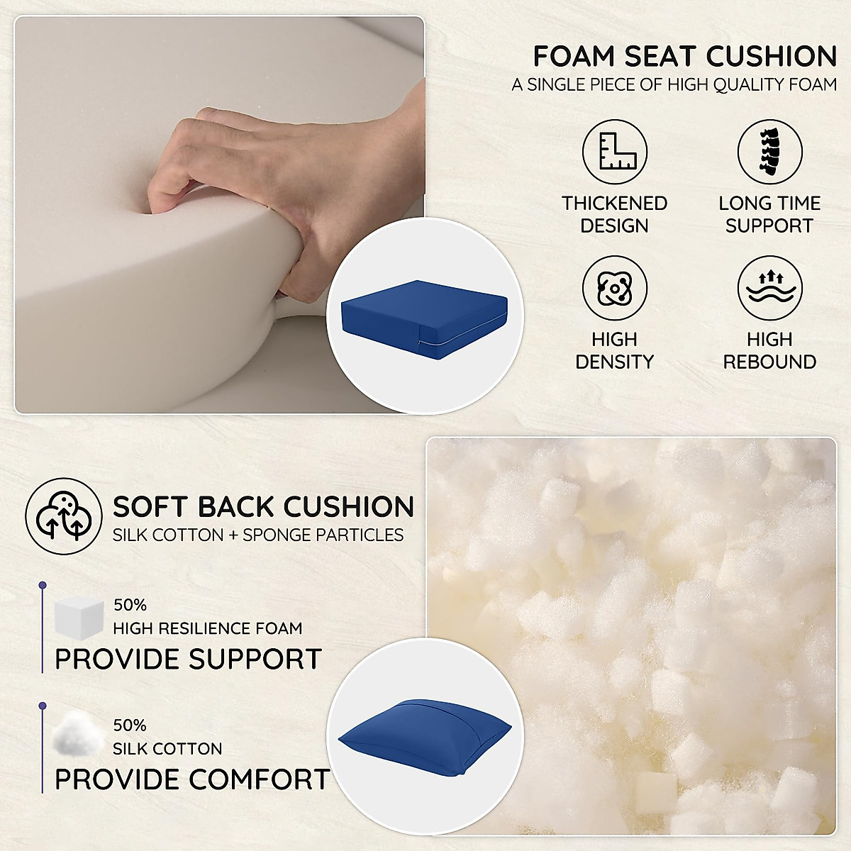 Sutteles Deep Seat Patio Cushions, Outdoor Chair Cushion Set, Patio Furniture Cushion with Removable Cover, Suitable for Patio Outdoor Furniture 24 x24 in (Navy)