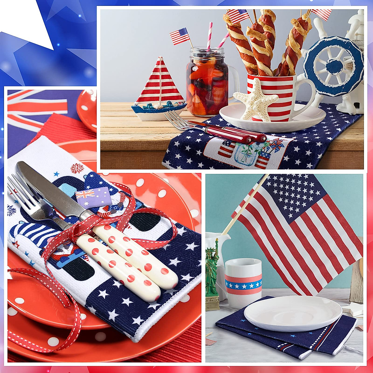 Geyoga 4 Pcs 4th of July Kitchen Dish Towel American Flag Hand Towel Patriotic Star Stripe Decorative Dishcloth White Blue Red Dish Towels for Memorial Independence Day (Bright Color,Gnome Truck)