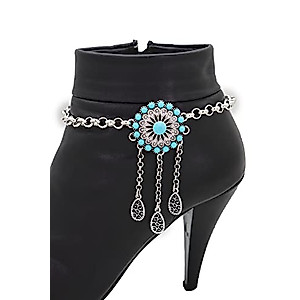 Women Western Fashion Jewelry Boot Bracelet Silver Metal Chain Shoe Anklet Turquoise Blue Beads Flower