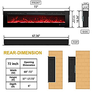 Rodalflame 72 Inches Electric Fireplace Inserts, Recessed and Wall Mounted Fireplace Heater for Indoor Use with Remote Control, 13 Color Flames with Log &Crystal, 9H Timer, 750/1500W