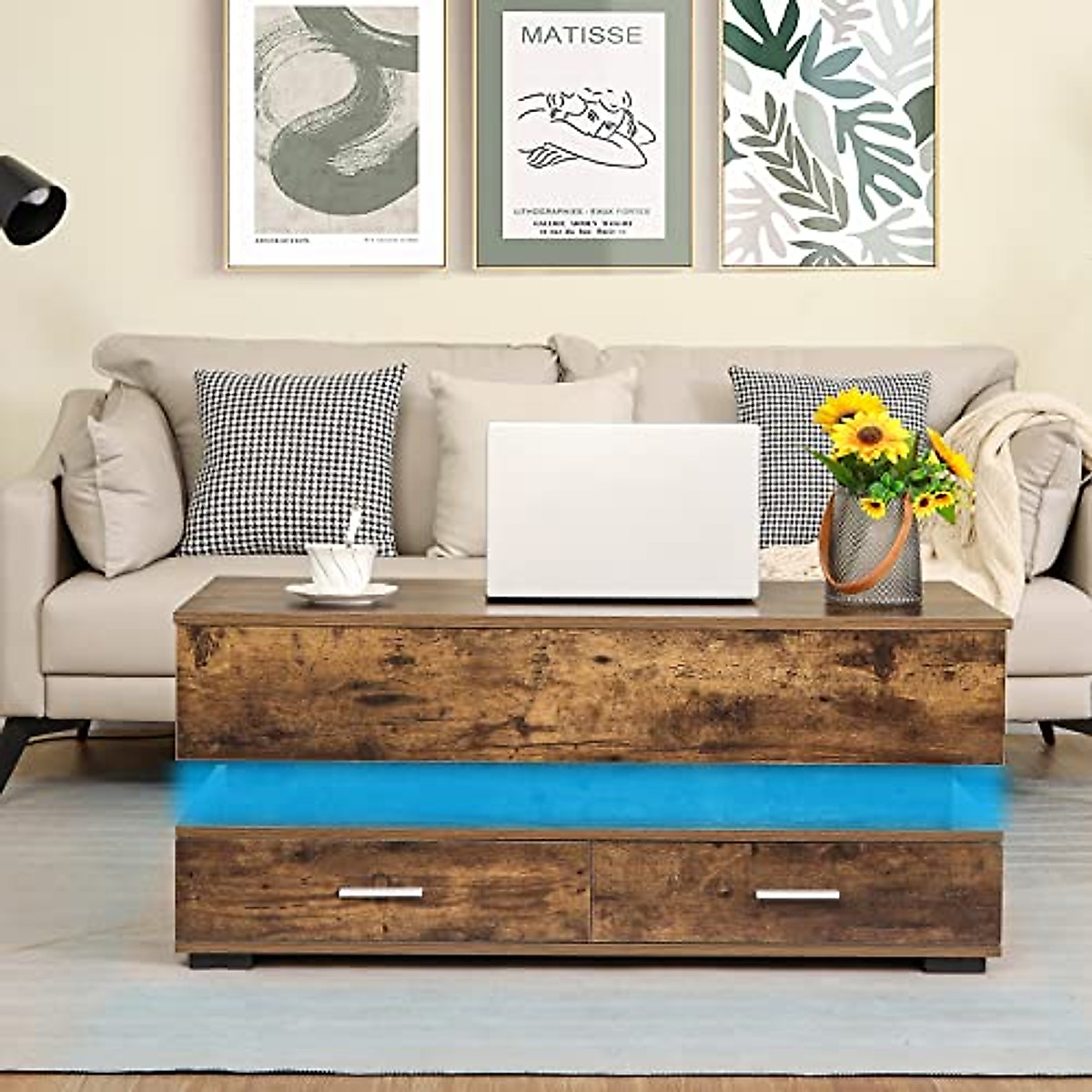 WEENFON LED Coffee Table, Smart Coffee Table with Charging Station, Lift Top, 21 Colors Change, 2 Tiers Modern Tea Table with Storage, Living Room Furniture, Rectangle Design, Rustic Brown