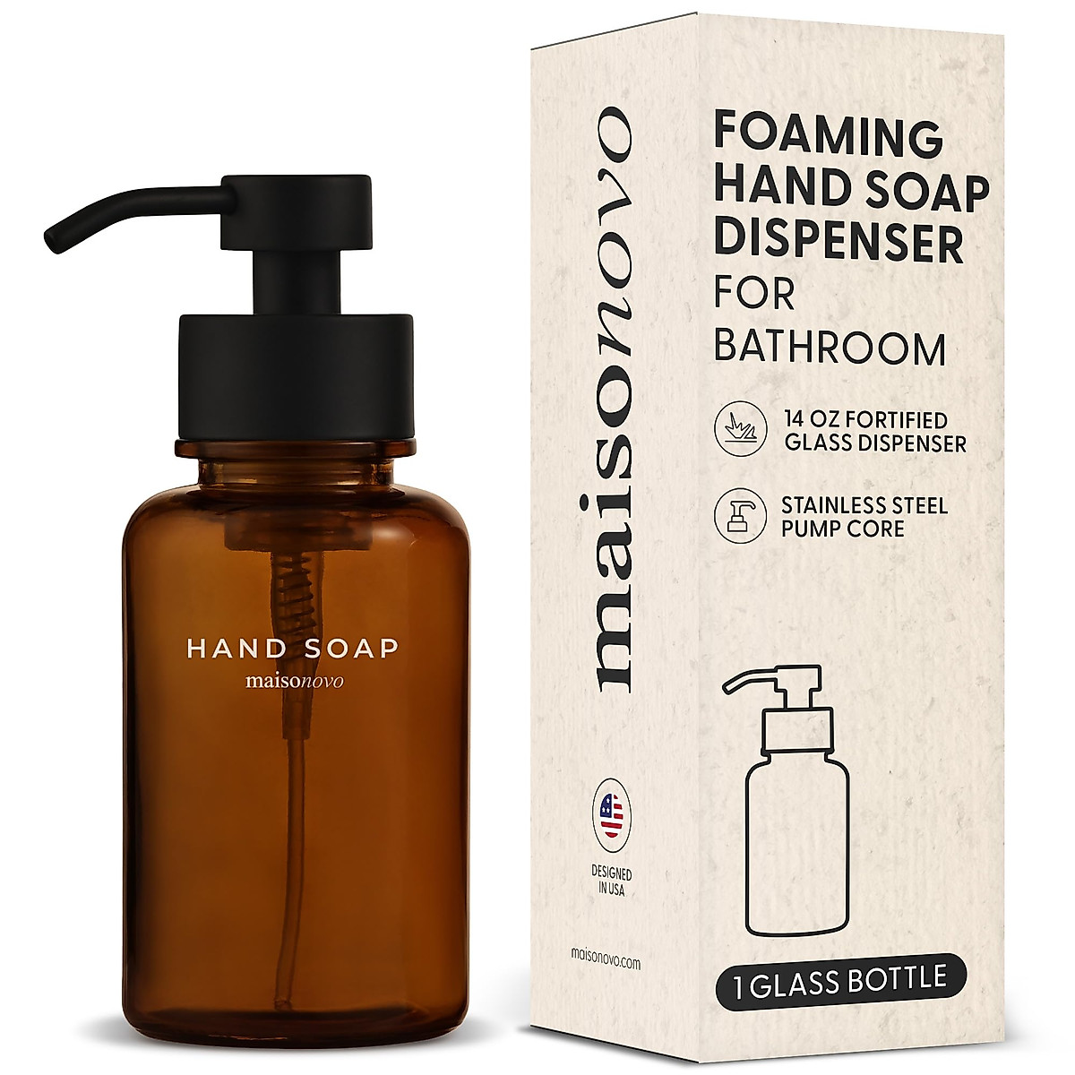 MaisoNovo Glass Foaming Hand Soap Dispenser 14 Oz | Amber Foaming Soap Dispenser Black Pump x 1 w/Labels