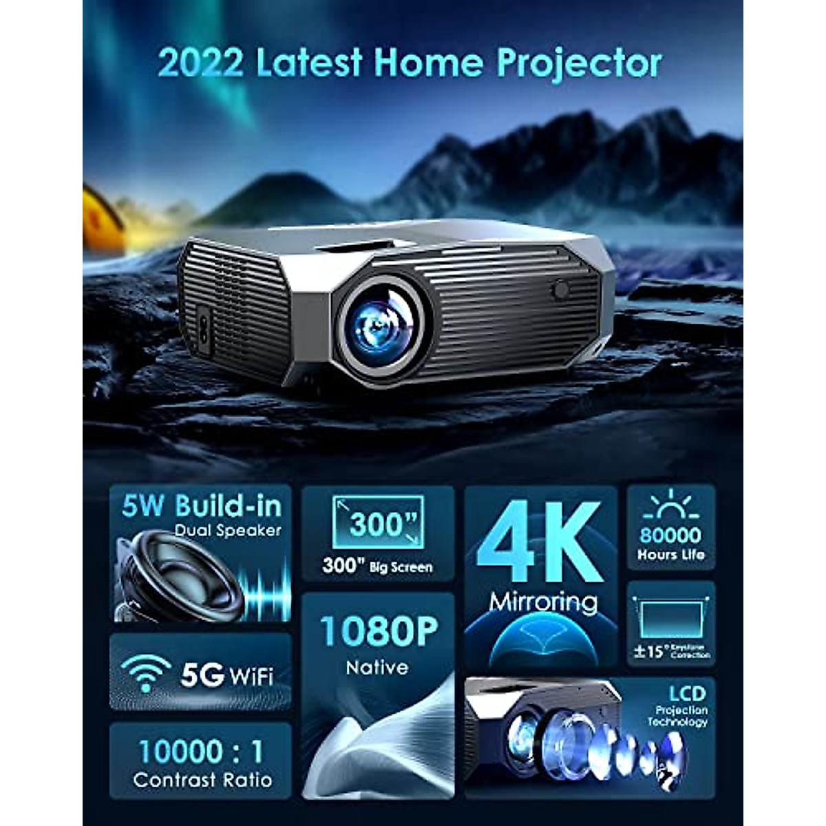 Projector with 5G WiFi & Bluetooth, YOWHICK 10000L Full HD 1080P Outdoor Portable Video Projector Support 4K, Home Theater Movie Projector Compatible with HDMI, VGA, USB, Laptop, iOS & Android Phone