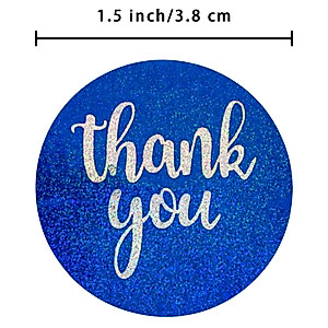 Abeike Thank You Label Sticker 1.5 Round, 500 Labels per Roll, Thank You Sticker for Birthday, Wedding, Gift, Bridal Shower. (Blue -Silver)