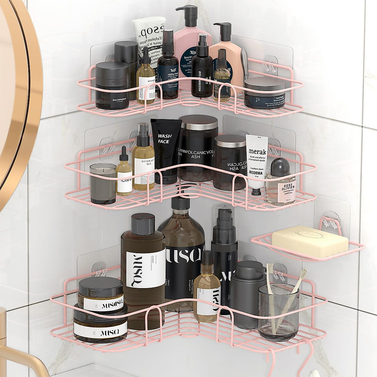 Corner Shower Caddy,4-Pack Adhesive Shower Organizer with Soap Holder,No Drilling Shower Shelves Stainless Steel Rustproof Shower Rack for Bathroom, Kitchen Storage,Pink