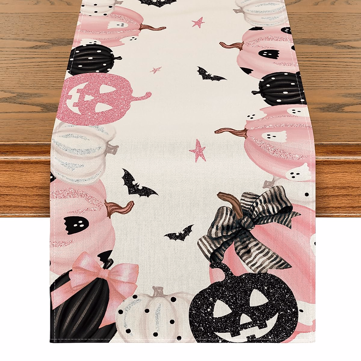 Artoid Mode Pink Jack-O-Lantern Pumpkin Bat Halloween Table Runner, Holiday Kitchen Dining Table Decoration for Indoor Outdoor Home Party Decor 13 x 72 Inch