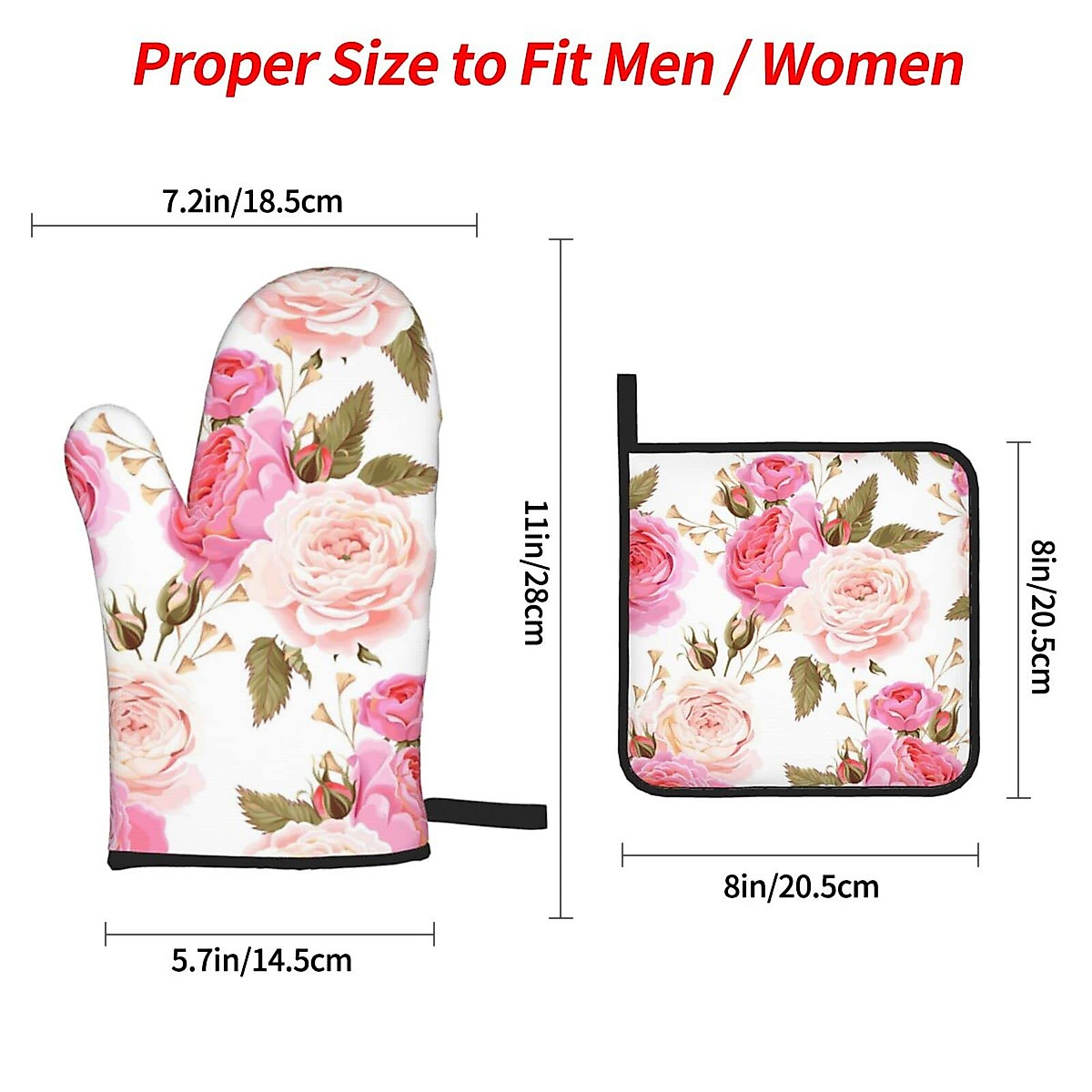 YILEQUAN Floral Flower Rose Pink Print Oven Mitts and Pot Holders Sets,Kitchen Oven Glove High Heat Resistant 500 Degree Oven Mitts and Potholder,Surface Safe for Baking, Cooking, BBQ,Pack of 4