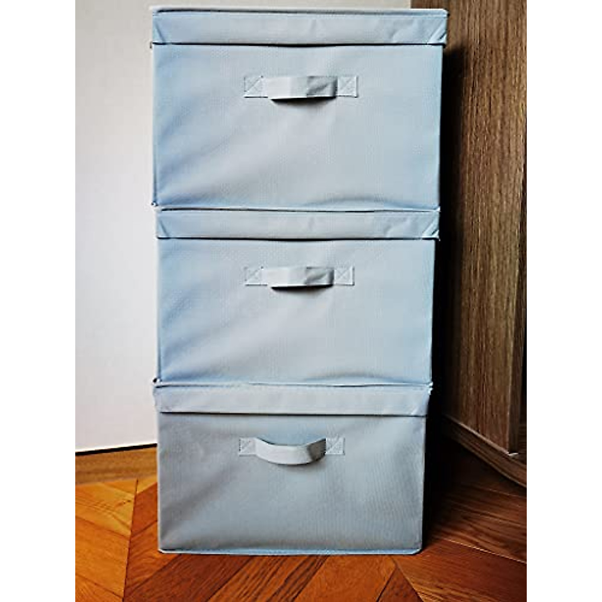 Sebadaci Storage Bins Cubes Baskets with Lids Handles Stackable Collapsible Storage Bins Baskets for Shelves, Organizing, Office Organizer, 3-pack Fabric Storage Cubes Living Room Closet, Gray, Medium