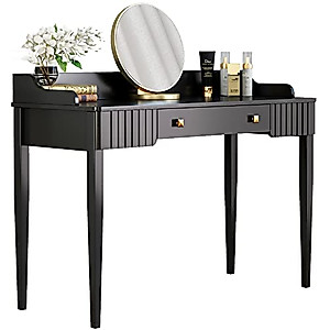 ukorua White Vanity Desk Wooden Desk with Drawer Modern Desk Computer Desk White Makeup Table with Gold Handle (Black)