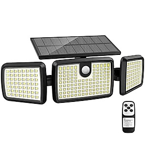Solar Lights Outdoor, 3 Head Solar Motion Lights Outdoor with 2500LM 232 LEDs High Brightness, Built-in Bigger Tempered Glass Solar Panel, Sensitive PIR Motion Inductor
