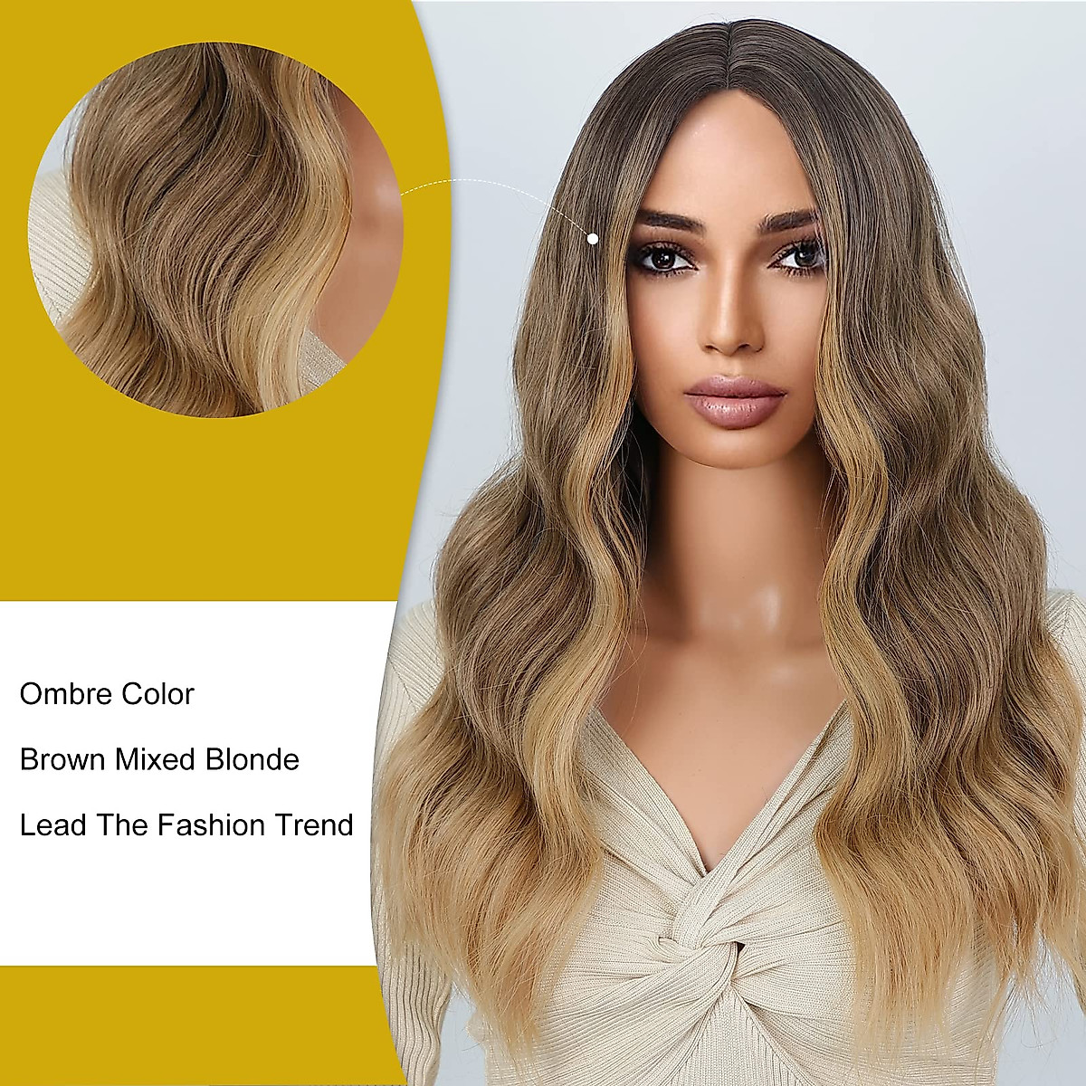 AISI QUEENS Long Wavy Ombre Wig Brown Mixed Blonde Synthetic Middle Part Wigs for Women Heat Resistant Hair Replacement Wigs for Daily Wear 20 Inch