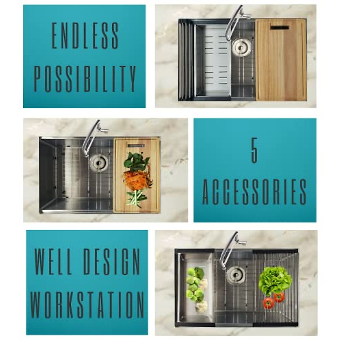 BlueBay Workstation Stainless Steel 28'' undermount Sink with 5 Gourmet Accessories