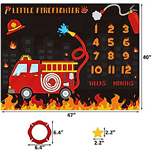 Fire Truck Baby Milestone Blanket for Boy Little Firefighter Monthly Growth Tracker Soft Plush Fleece Nursery Blanket Newborn Baby Boy Bedding Photography Background