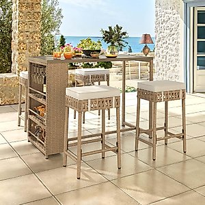 YITAHOME 5 Piece Patio Bar Set, Outdoor High Top Table and Chairs with Wine Glass Holder and Soft Cushions, Outdoor Wicker Furniture for Backyard, Garden Yard, Balcony, Beige Rattan
