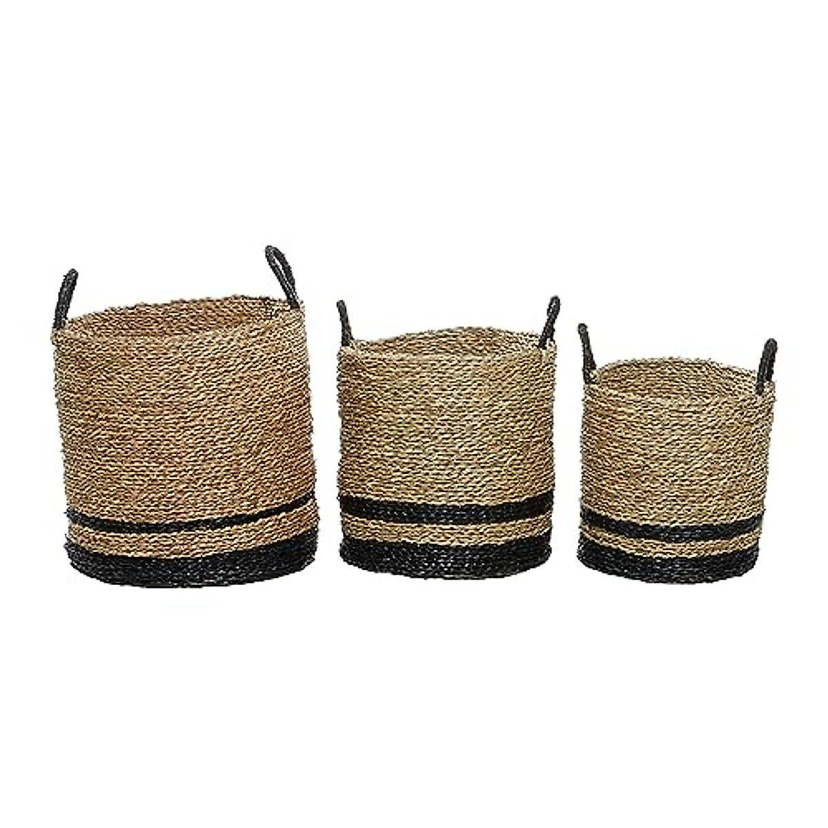 Deco 79 Seagrass Round Storage Basket with Handles, Set of 3 18", 17", 14"H, Black