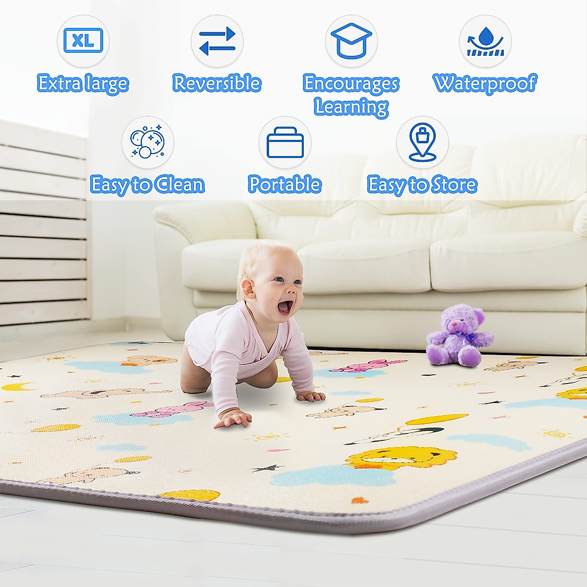 Bubbtots Baby Play Mat, Large and Reversible Waterproof Padded Foam Playmat for Babies and Toddlers, Animals and Nature, 69"x59"x0.6"