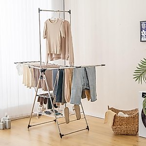 Tangkula 2-Layer Stainless Steel Drying Rack, Foldable Laundry Drying Rack w/ 1 Hanging Bar & 2 Height-Adjustable Wings, 23 Drying Rails, Netting Drying Rack, No Assembly Required