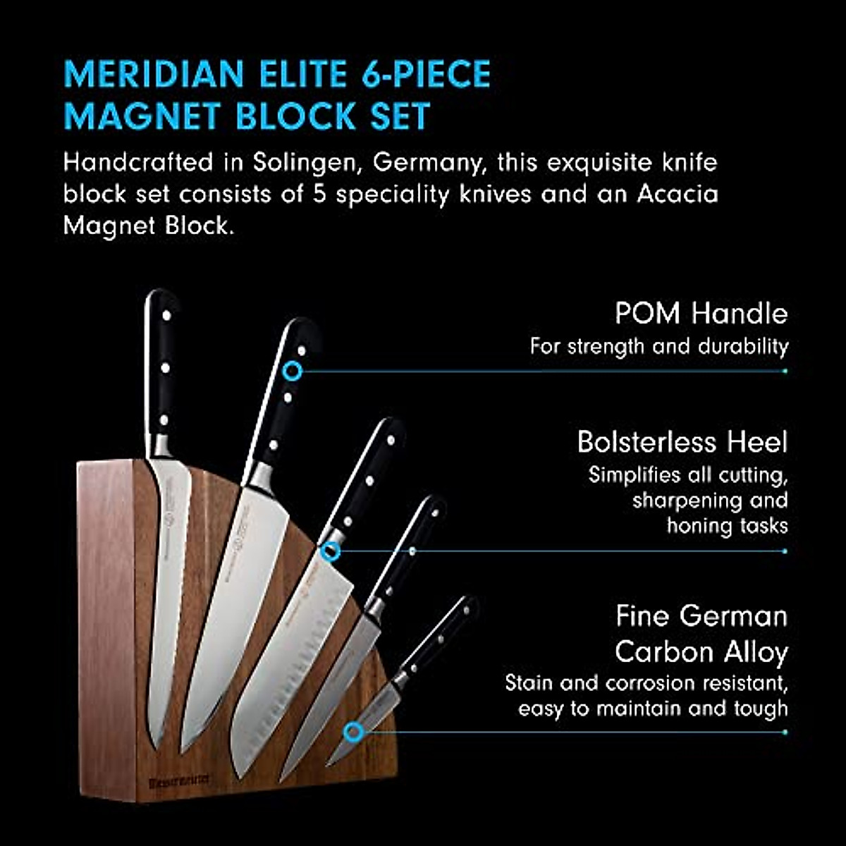 Messermeister Meridian Elite 6-Piece Magnet Block Set - Includes Chef’s, Scalloped Offset, Santoku, Utility & Paring Knife + Magnet Block