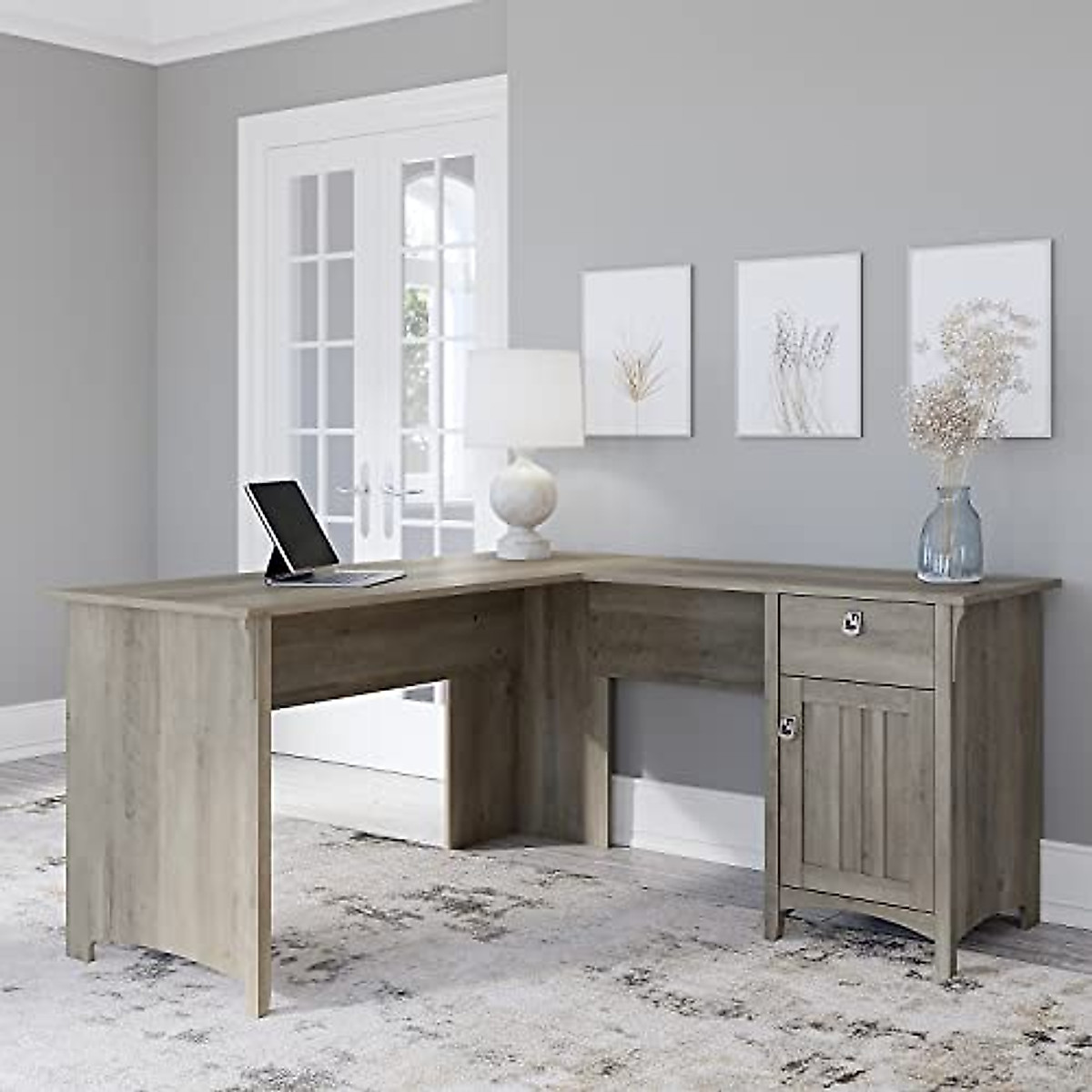 Bush Furniture Salinas L-Shaped Storage | Study Table with Drawers & Cabinets | Home Office Computer Desk, 60W, Driftwood Gray