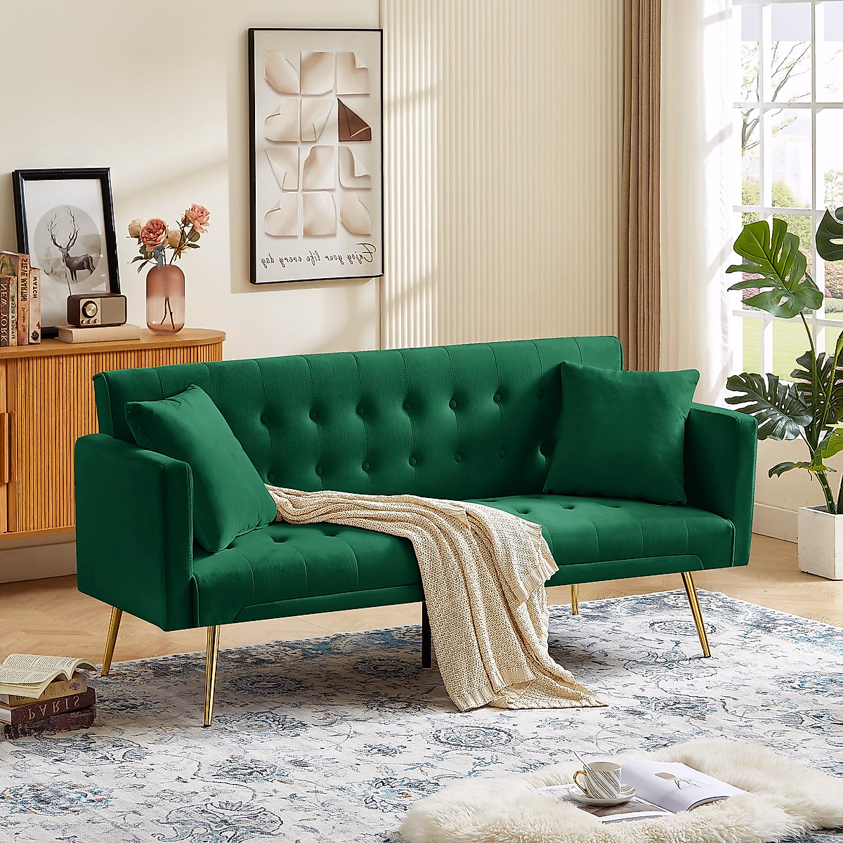 72"Modern Velvet Sofa Bed Futon,Convertible Folding Sleeper Bed Couches with 3 Adjustable Backrests,Tufted Recliner Love Seat with Golden Chrome Legs for Living Room Apartment Home Office (Green)