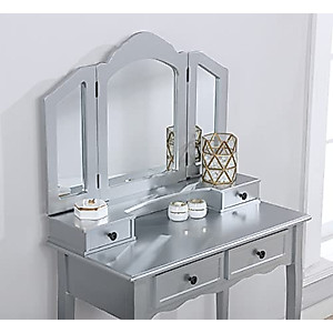 Roundhill Furniture Sanlo Wooden Vanity | Make Up Table and Stool Set | Silver