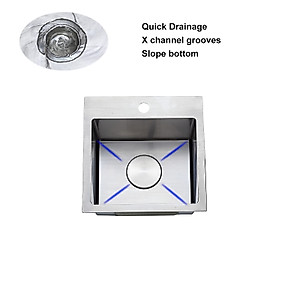 VAPSINT 15x15 inch 304 Stainless Steel Drop in Wet Bar Sink,Single Bowl Topmount Prep Rv Small Kitchen Sink with Grid and Drain