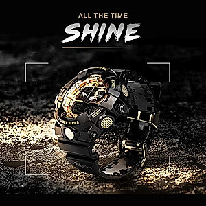 PINDOWS Men Digital Sports Watch, Outdoor Waterproof Military Digital Watch LED Screen Large Face Dual Dial Time and Stopwatch Alarm Wristwatch (Black Gold)