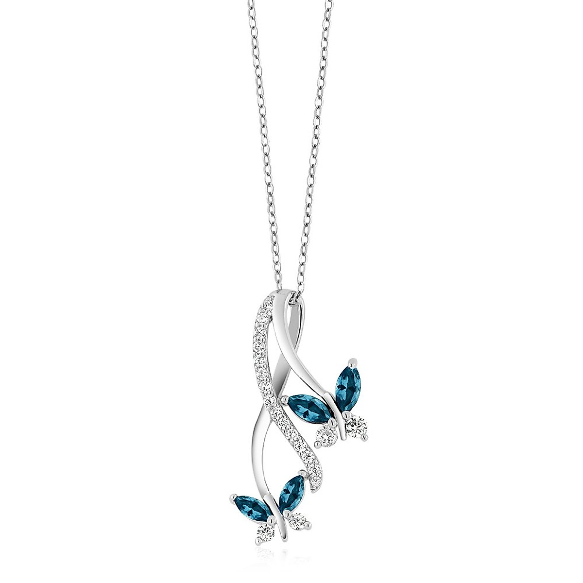 Gem Stone King 925 Sterling Silver London Blue Topaz Butterfly Pendant Necklace For Women (1.49 Cttw, Marquise Cut, Gemstone Birthstone, with 18 Inch Silver Chain)