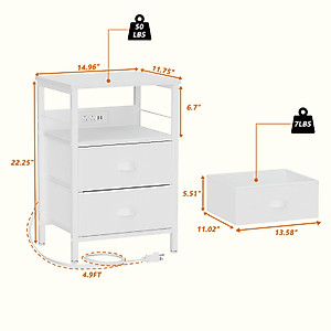 Furologee End Table with Charging Station, Nightstand with Fabric Drawers, Side Tables with USB Ports & Outlets, Night Stand with Storage Shelf & Hooks, for Living Room/Bedroom, White