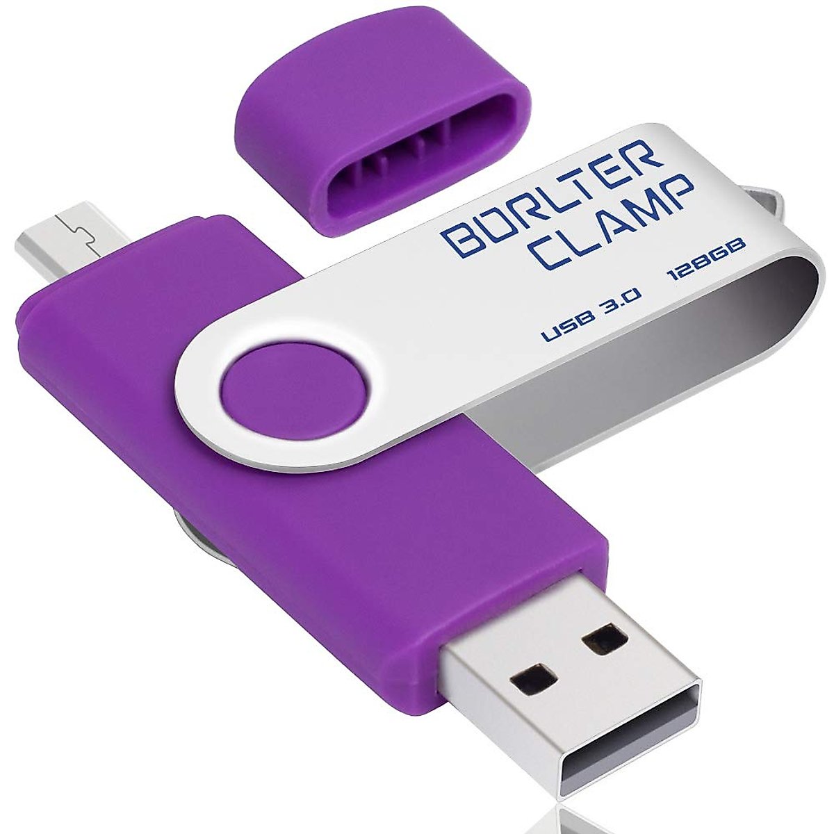 BorlterClamp 128GB USB 3.0 Flash Drive Dual Port Memory Stick, OTG Swivel Pen Drive with Micro USB Drive Port for Android Smartphone Tablet & Computer (Purple)