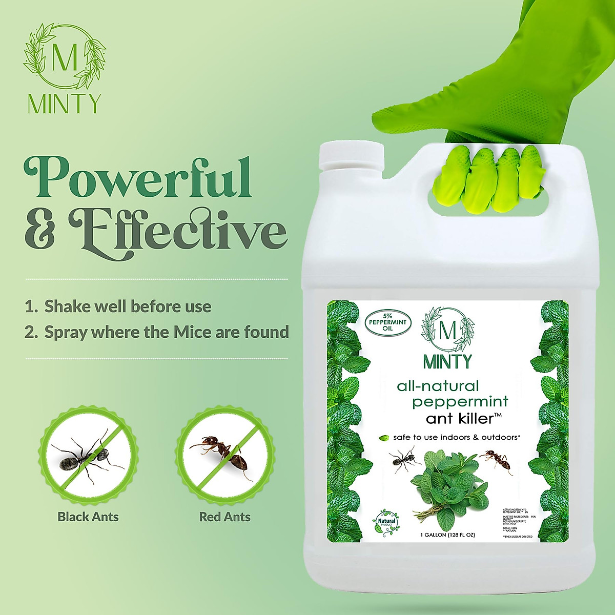 Minty Ant Killer - Natural 5% Peppermint Essential Oil Spray for Bugs, Ants and Insects - Safe for Indoor & Outdoor Use Repellent Spray 128 Fl Oz Gallon Trigger Sprayer