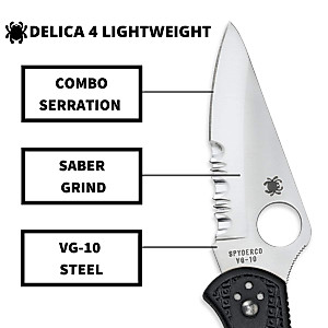 Spyderco Delica 4 Lightweight Signature Knife with 2.9" Saber-Grind Steel Blade and High-Strength FRN Handle - CombinationEdge - C11PSBK