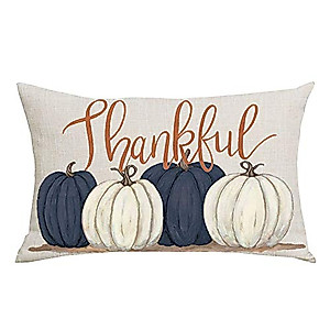 WENIANRU Ink Painting Blue Pumpkins Thankful Fall Y'all Thanksgiving Day Home Sofa Chair Bed Decoration Lumbar Pillowcase Cotton Linen Decorative Throw Pillow Cover Case Rectangular 12 x 20 Inches