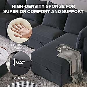 Fajiani 88.6" Modular Sectional Sofa with Storage, Corduroy L Shaped Sectional Sofa Couch, Convertible 4 Seat Sectional Couch with Ottoman for Living Room/Office, Easy Assembly, Dark Gray