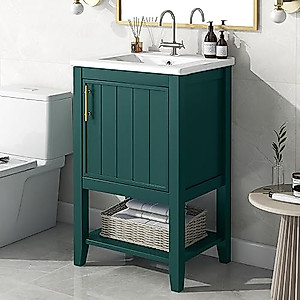 20 Inch Bathroom Vanity with Ceramic Sink, Small Single Sink Vanity Combo with Storage Rack and Open Shelf, Modern Bathroom Cabinet with Sink and Soft Closing Door, Green