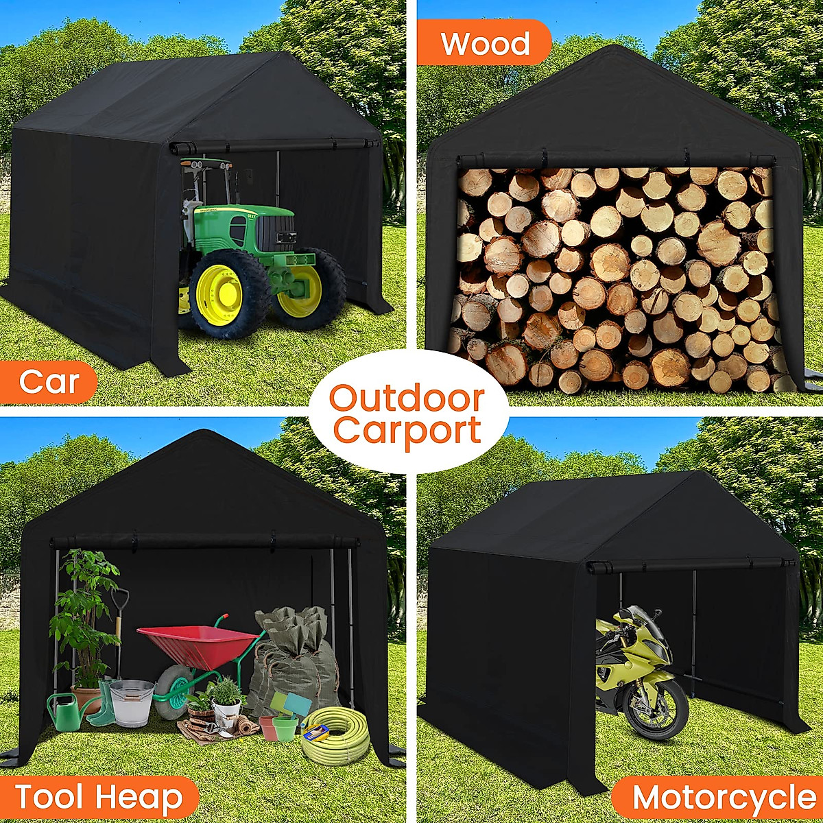 Outdoor Carport Canopy,10x10 ft Heavy Duty Canopy Shed,Metal Frame Storage She with Waterproof, UV Resistant Cover, 2 Rollup Zipper Doors for Backyard, Garden can Store Motorcycle, Garden Tools