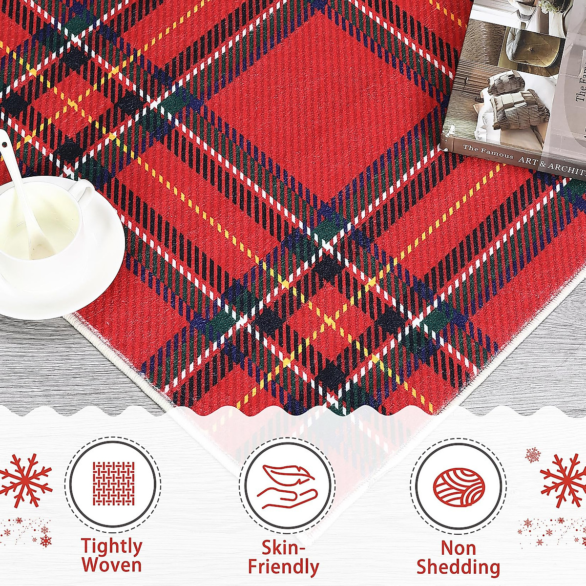 ROYHOME 8x10 Christmas Area Rug Xmas Buffalo Plaid Machine Washable Carpet Rug Holiday Decorative Gingham Check Floor Cover Non Slip Stain Resistant Accent Rug for Living Room Bedroom Decor, Red
