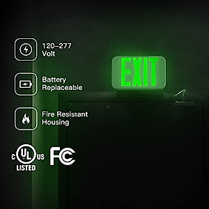 FREELICHT Green LED Exit Sign with Battery Backup，Exit Sign for Business，Easy to Install，UL Certified，AC 120/277V，Pack of 10
